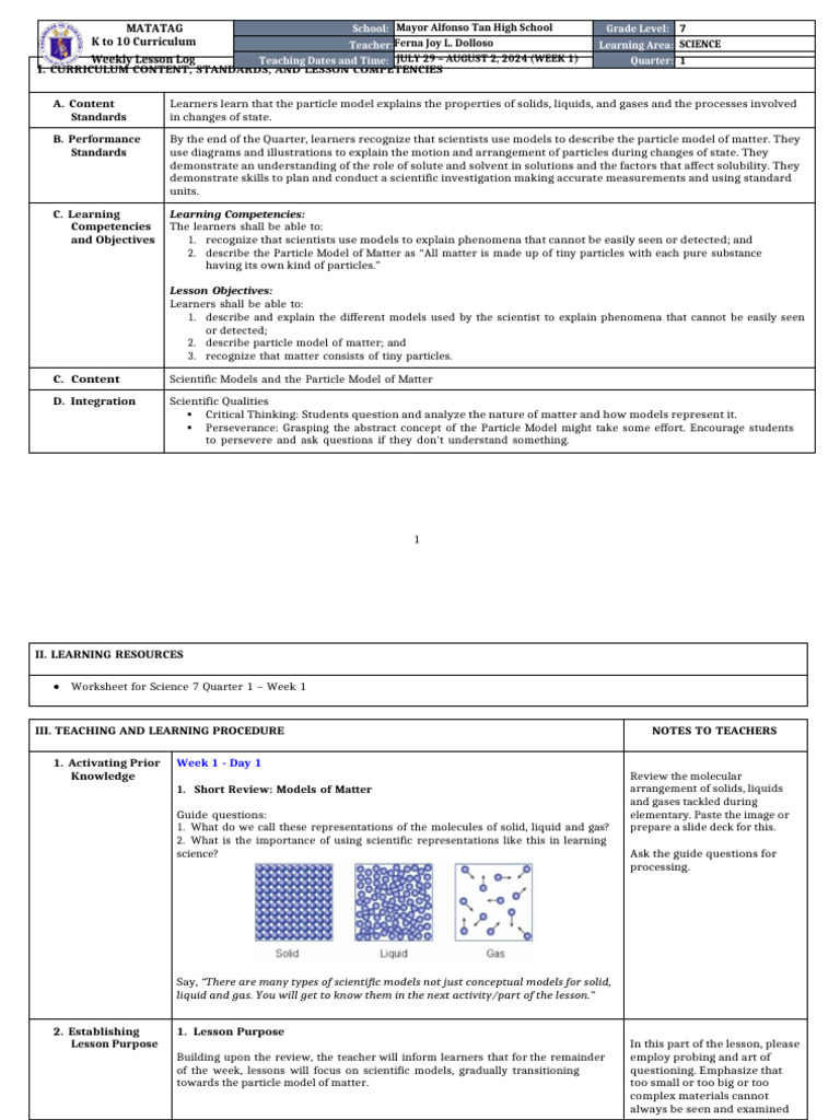 DLL Matatag - Science 7 Q1 W1 | PDF