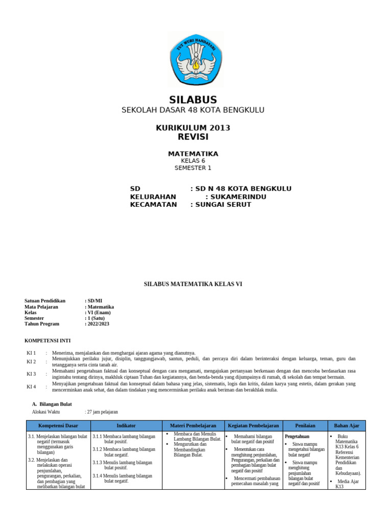 Silabus Matematika Kelas 6 Sem 1 | PDF