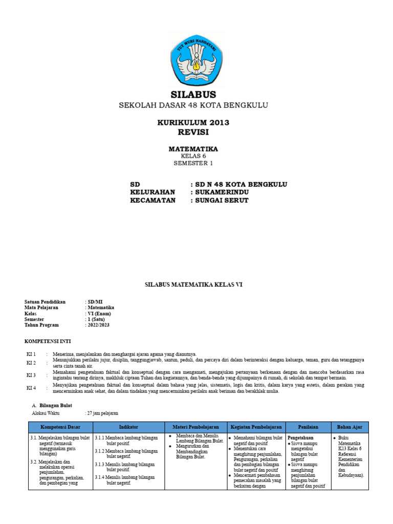 Silabus Matematika Kelas 6 Sem 1 | PDF