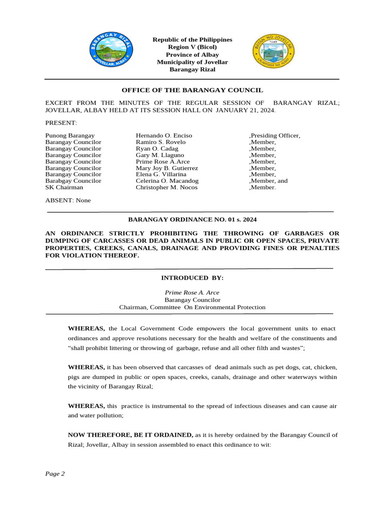 Barangay Ordinance No. 01 | PDF