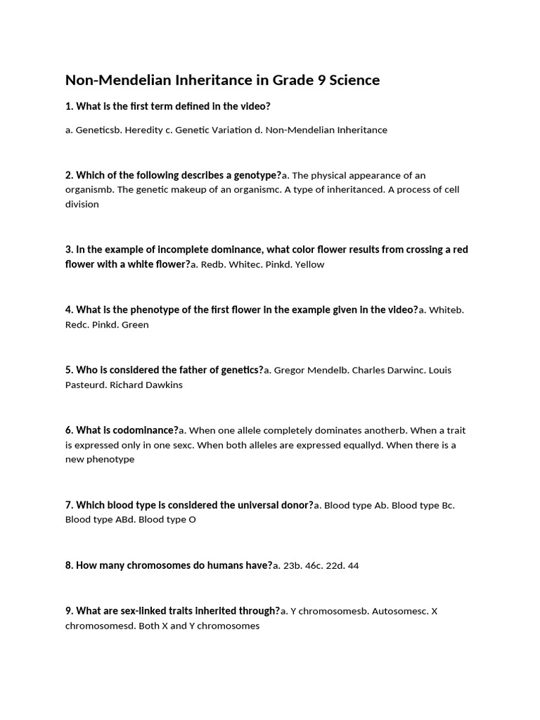 Non-Mendelian Genetics Quiz for Grade 9 | PDF | Science & Mathematics