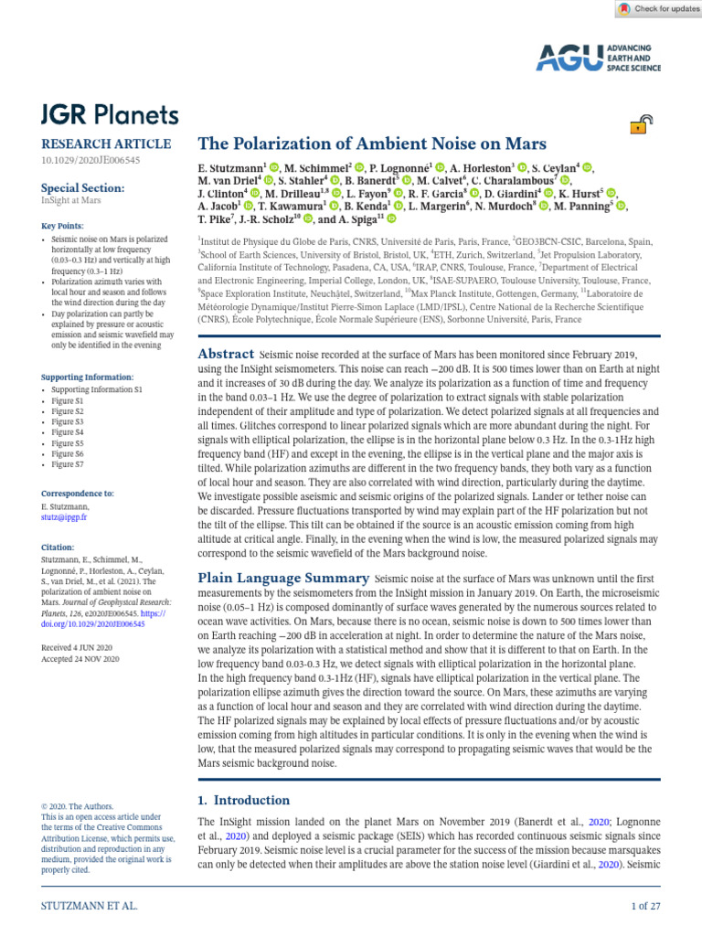 JGR Planets - 2020 - Stutzmann - The Polarization of Ambient Noise On Mars | PDF