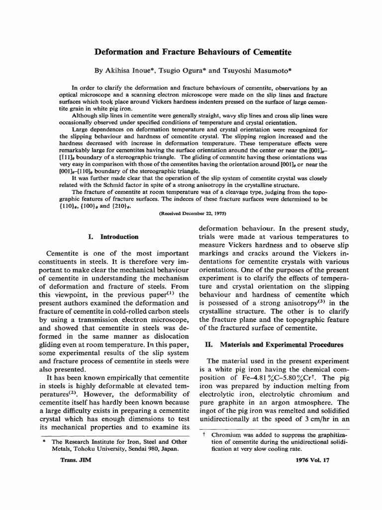 Deformation and Fracture Behaviours of Cementite | PDF | Plasticity ...
