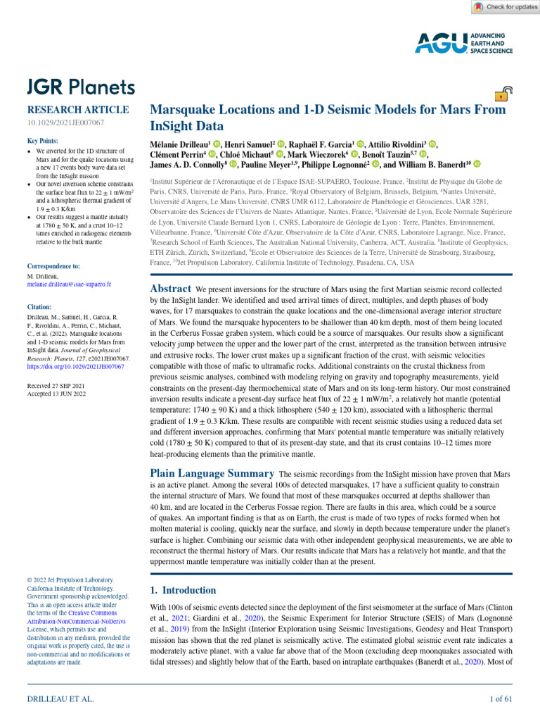 JGR Planets - 2022 - Drilleau - Marsquake Locations and 1‐D Seismic Models for Mars From InSight ...