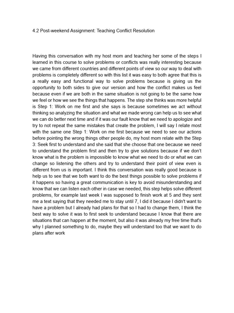 4.2 Post-Weekend Assignment Teaching Conflict Resolution | PDF