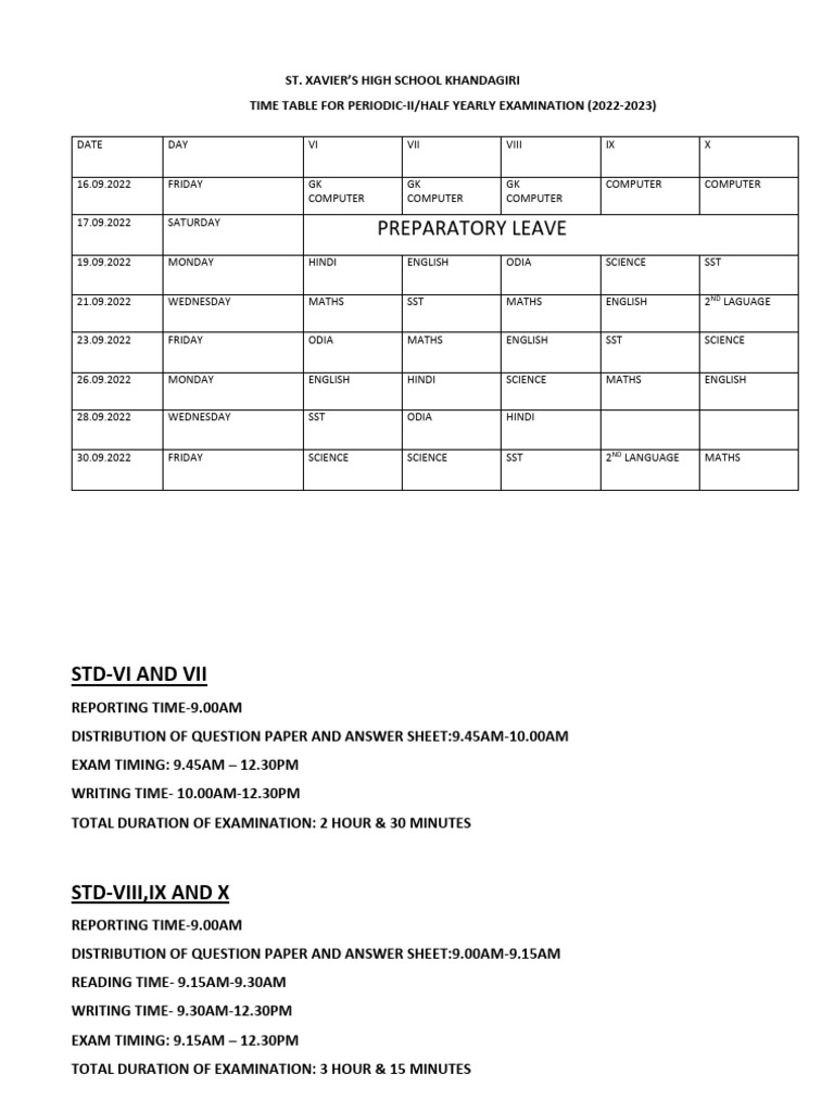Time Table (STD VI-X) Half Yearly Exam-2022 | PDF
