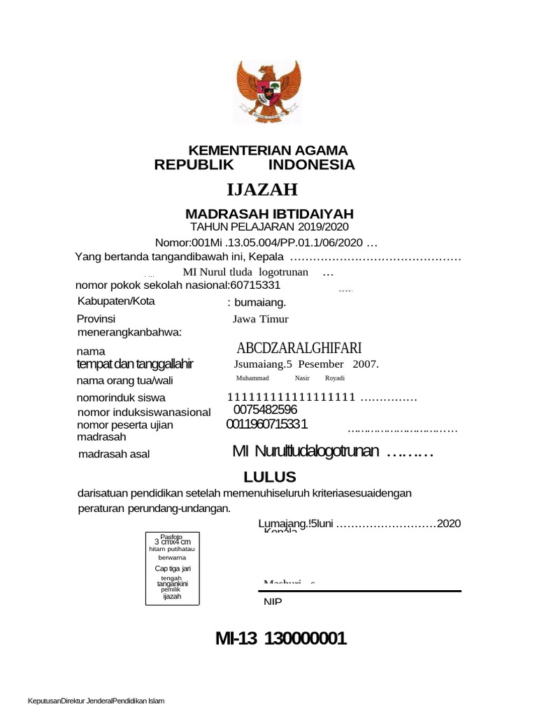 Contoh Penulisan Ijazah MI Kbsjajaba 13 1 PDF | PDF