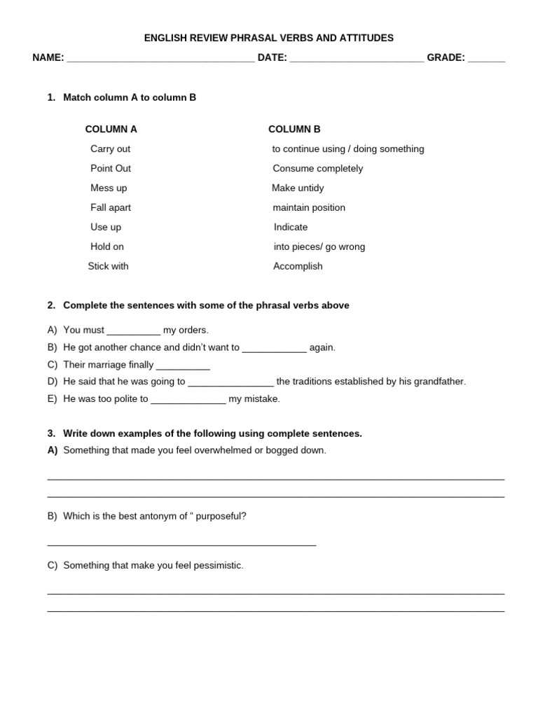 English Review Phrasal Verbs and Attitudes | PDF