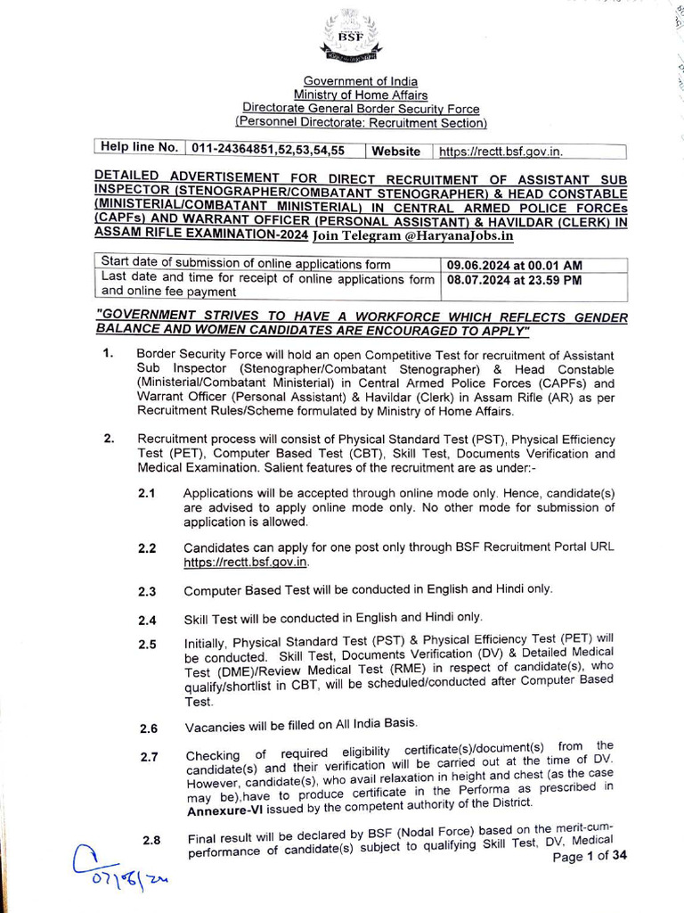 CAPF HCM and ASI Steno Notification 2024 BSF | PDF