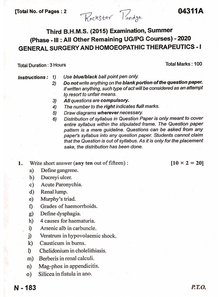 3rd BHMS (2015) - 2020 - Summer - Question Paper | PDF