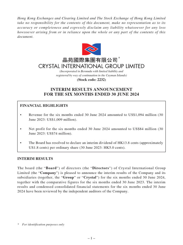 Crystal International Group - Interim Report | PDF