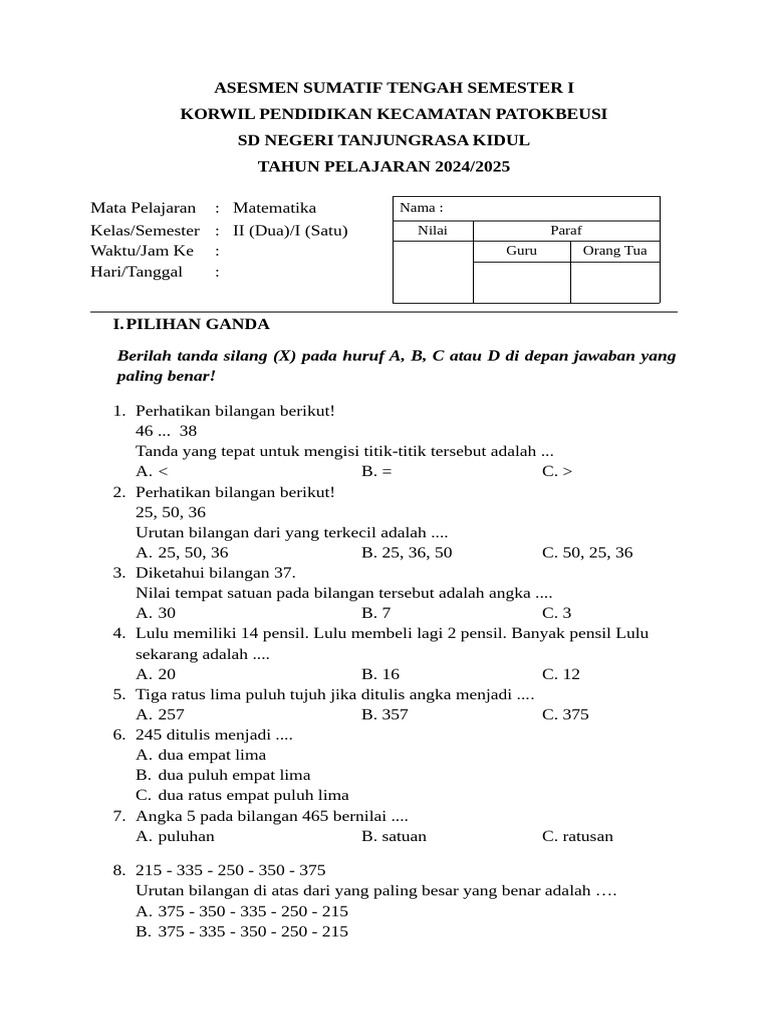 Soal Ats 1 Matematika Kelas 2 | PDF