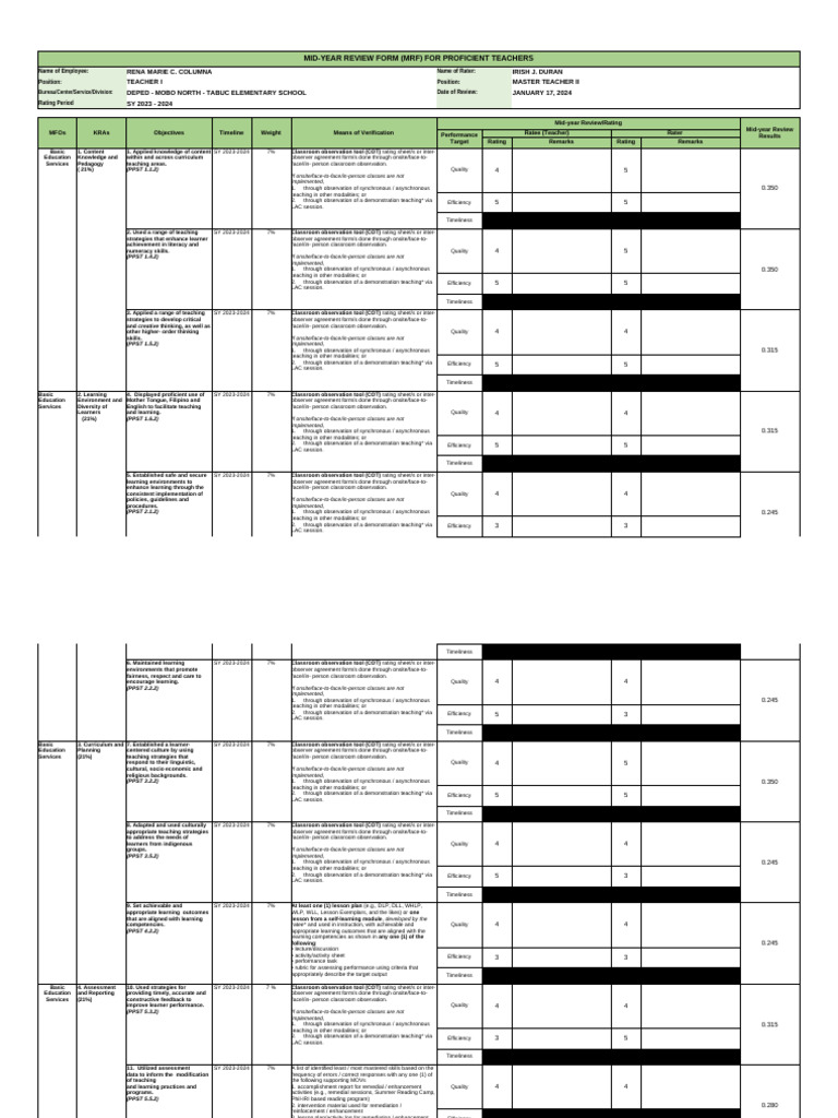 Mid-Year Review Form for Teachers | PDF | Learning | Teachers