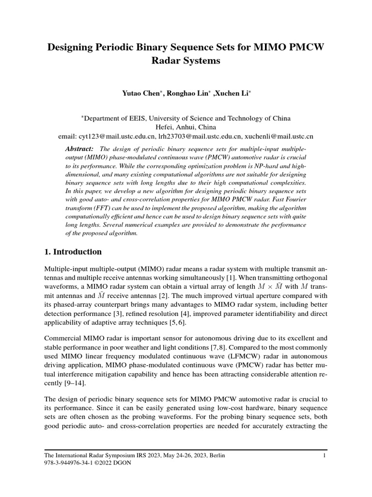 Designing Periodic Binary Sequence Sets For MIMO PMCW Radar Systems | PDF