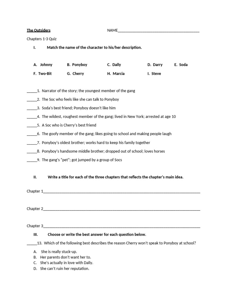 TheOutsidersChapters13Quiz 1 | PDF
