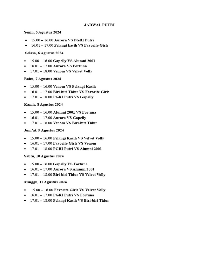JADWAL Pertandingan Turnamen Volly | PDF