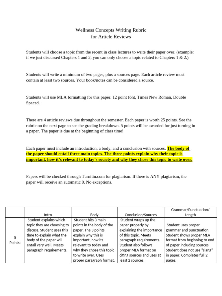 Article Review Writing Rubric 2 | PDF