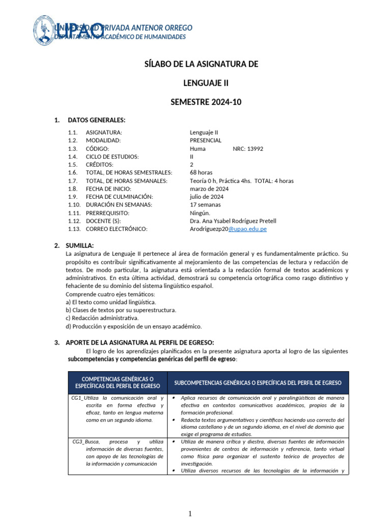 SILABO LENGUAJE II 2024-10 | PDF
