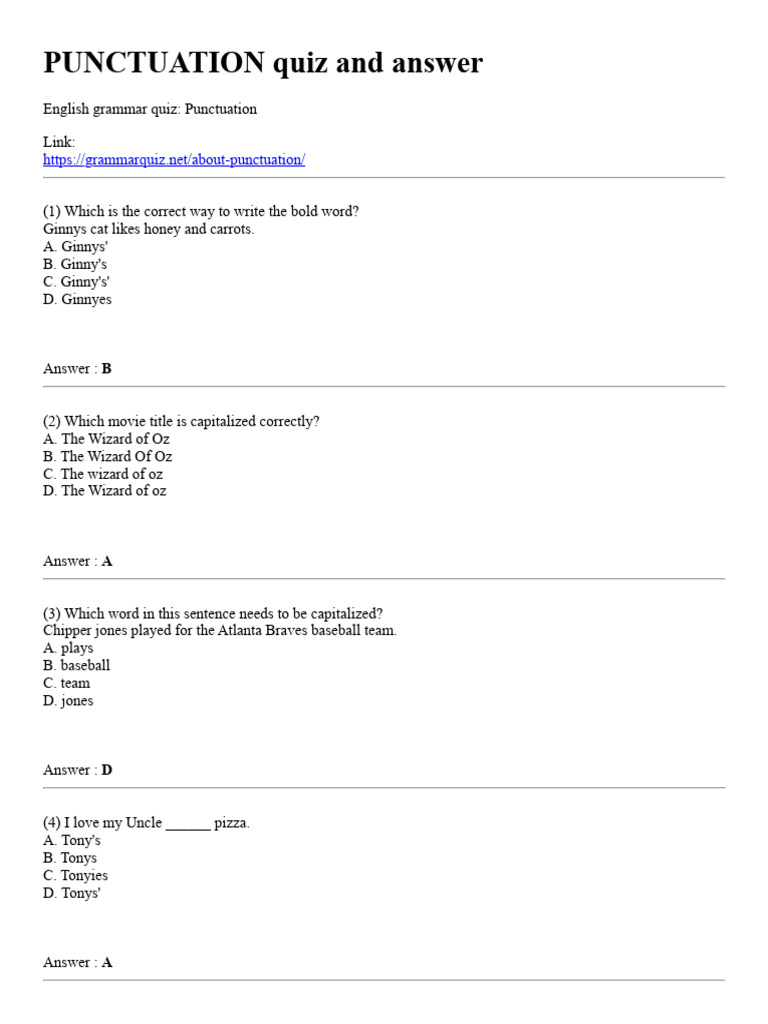 Punctuation Quiz with Answers | PDF