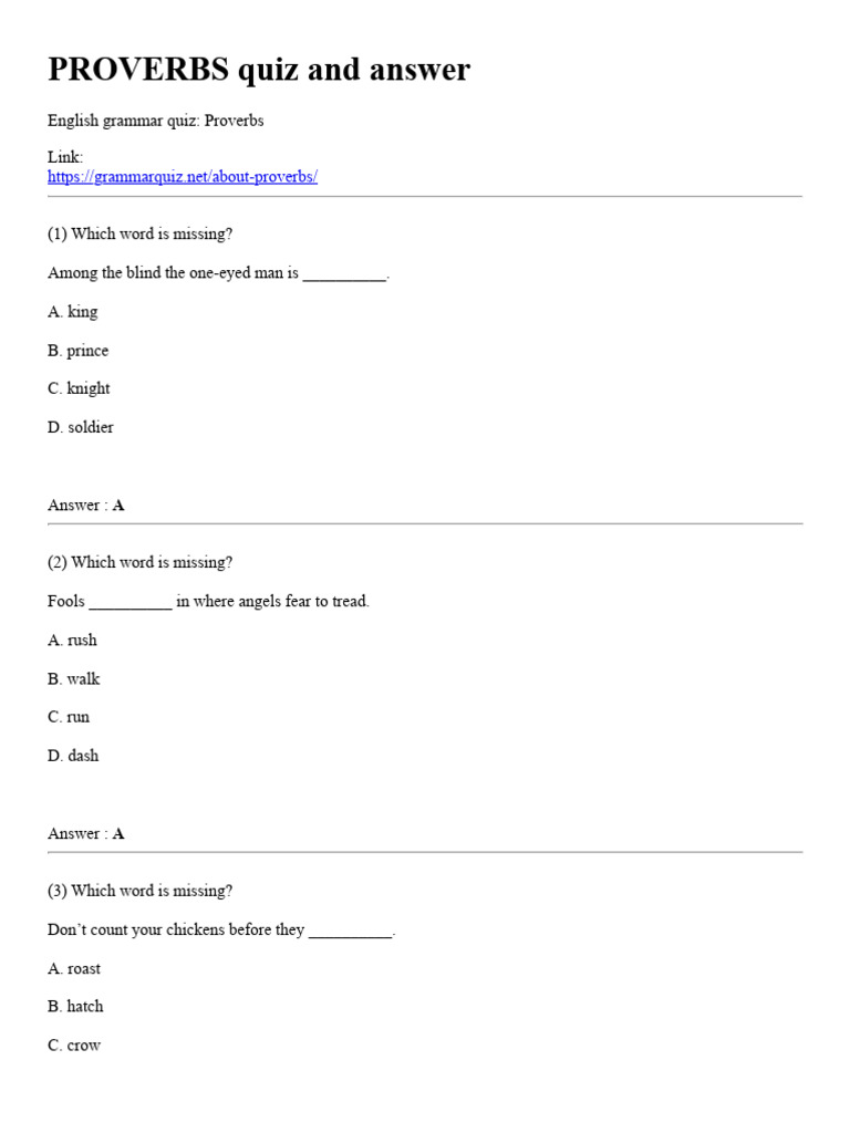 PROVERBS Quiz and Answer | PDF