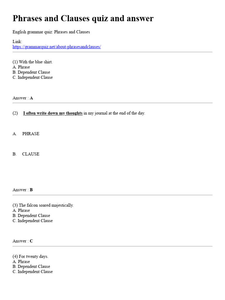 Phrases and Clauses Quiz and Answer | PDF | Language Arts & Discipline ...