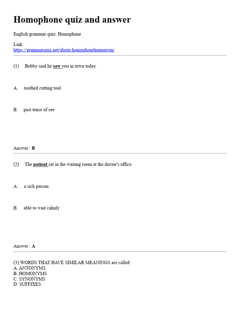 Homophone Quiz for Grammar Enthusiasts | PDF