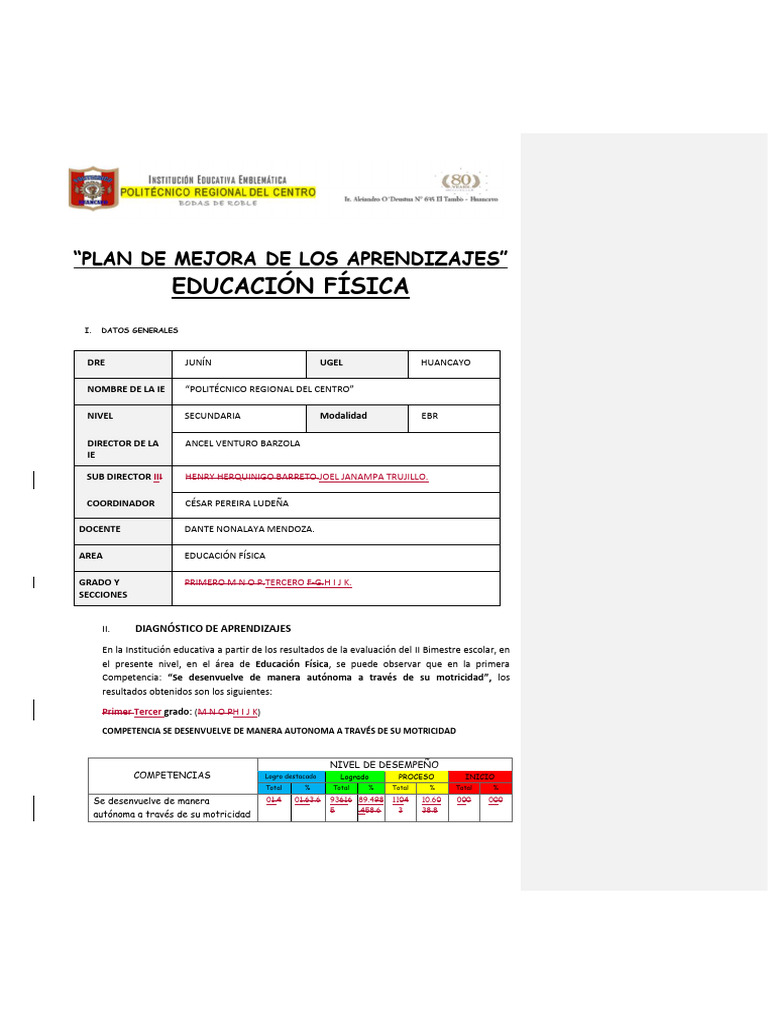 Plan de Mejora - Educ. Física Prc3° HJKL | PDF