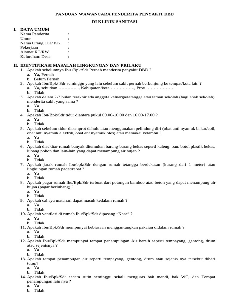 Panduan Wawancara Penderita Penyakit DBD Di Klinik Sanitasi I. Data Umum | PDF