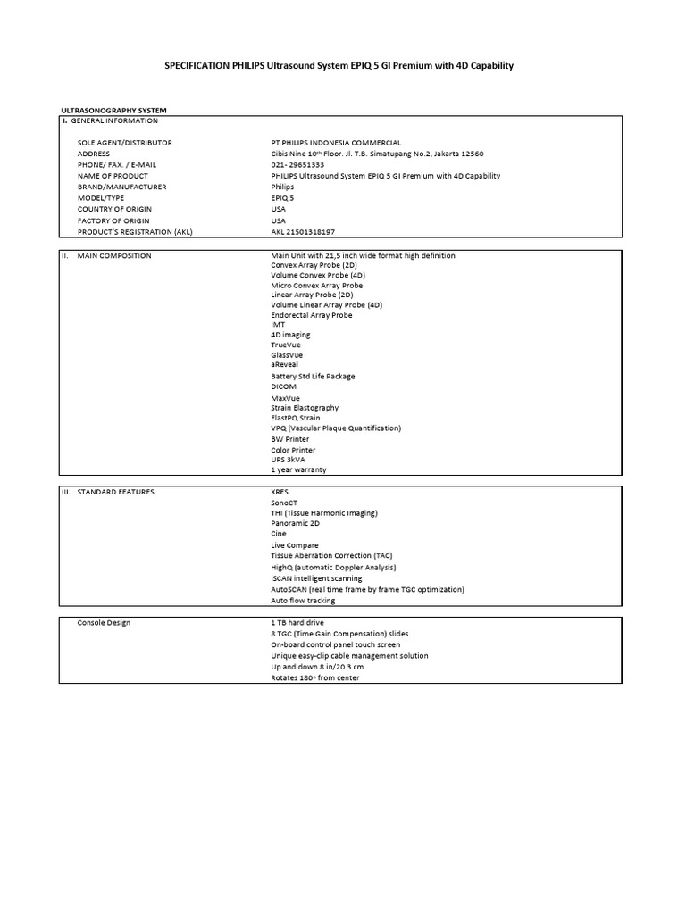 Spesifikasi PHILIPS Ultrasound System EPIQ 5 GI Premium With 4D Capability | PDF