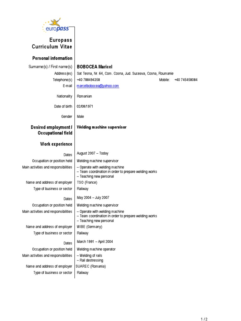 Europass Curriculum Vitae: Personal Information BOBOCEA Maricel | PDF ...