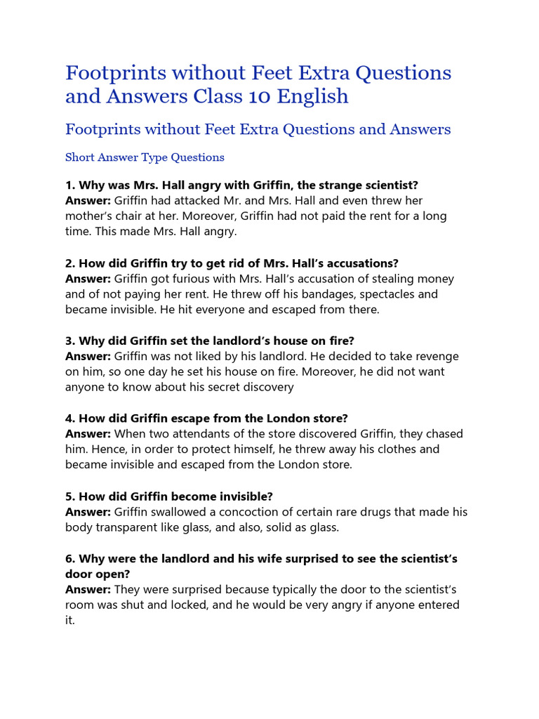 Footprints Without Feet Extra Questions PDF | PDF