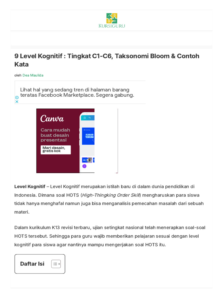 9 Level Kognitif - Tingkat C1-C6, Taksonomi Bloom & Contoh Kata | PDF