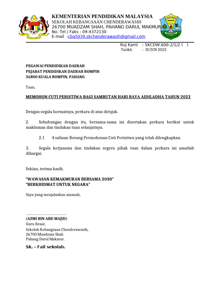 Surat Litup Mohon Cuti 2022 | PDF