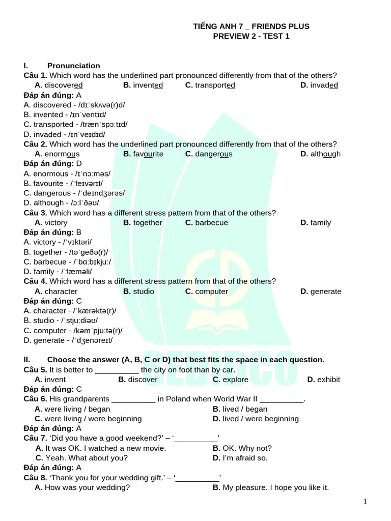 Tieng Anh 7 Friends Plus - Progress Review 2 - Test 1 (Key) | PDF
