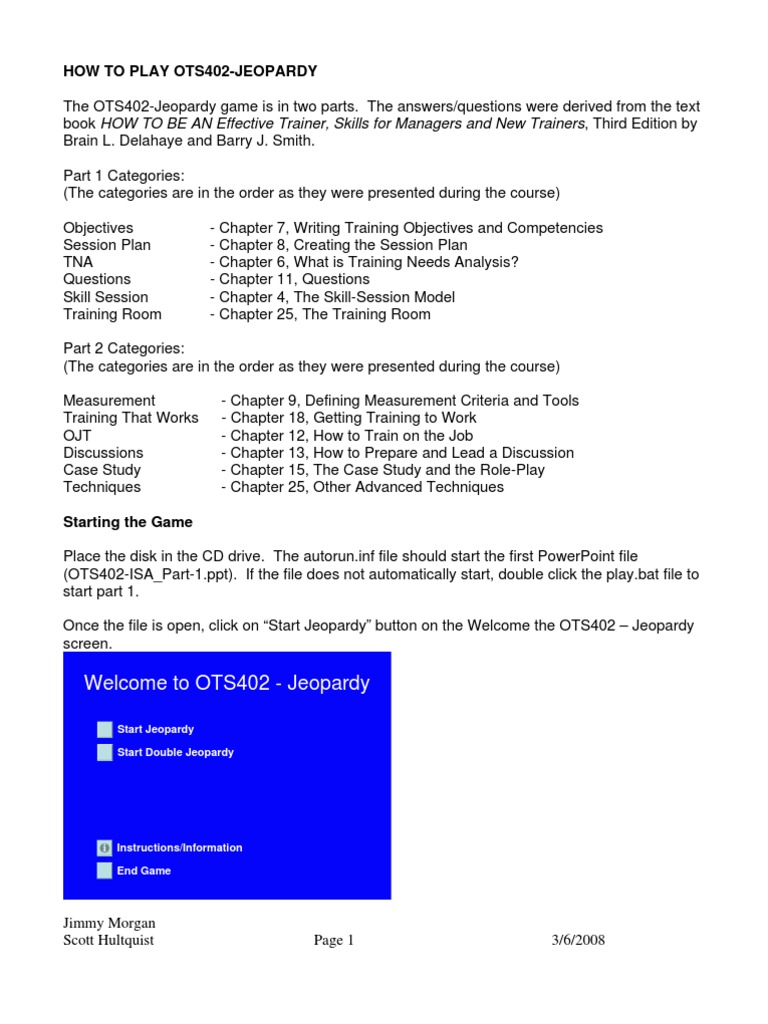 Trainer Skills Jeopardy Game | PDF | Question | Behavior Modification