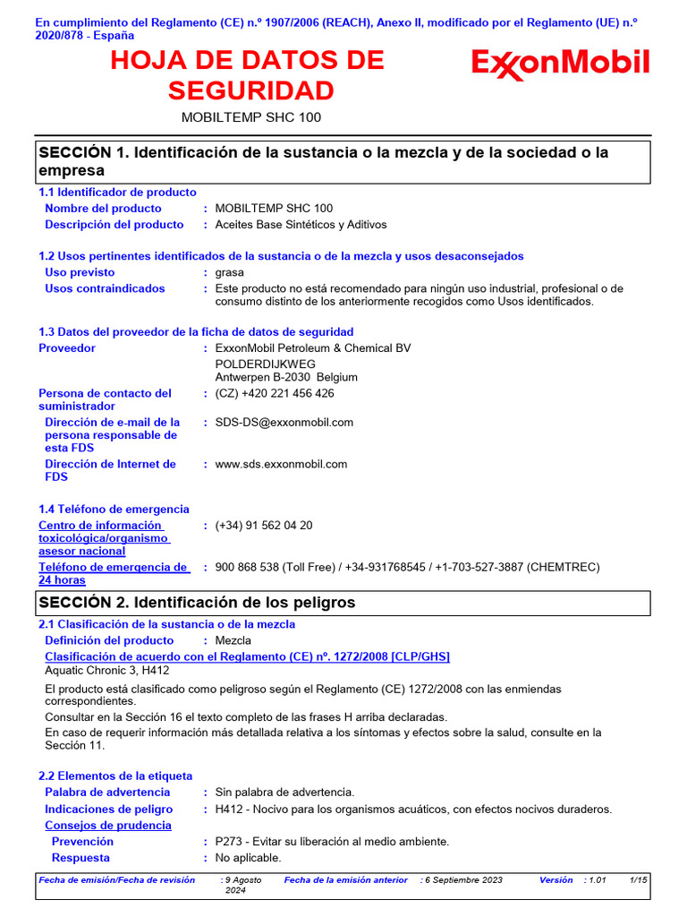 Ficha de Seguridad MOBILTEMP SHC 100 | PDF