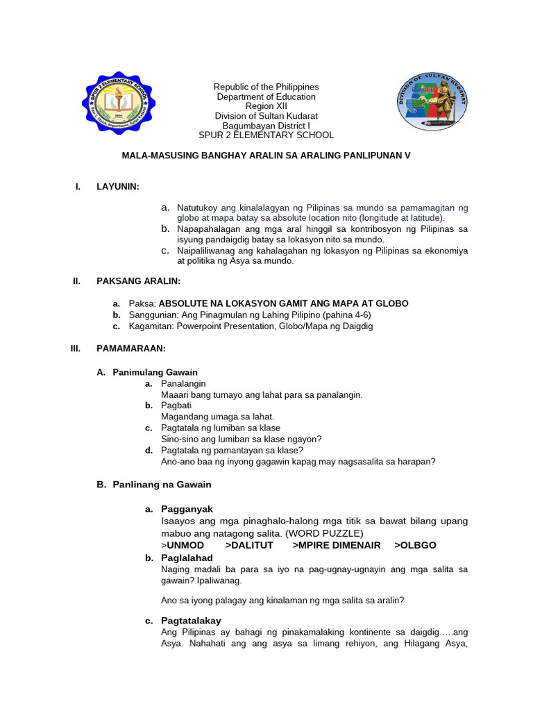 Araling Panlipunan V Lesson Plan | PDF | Philippines