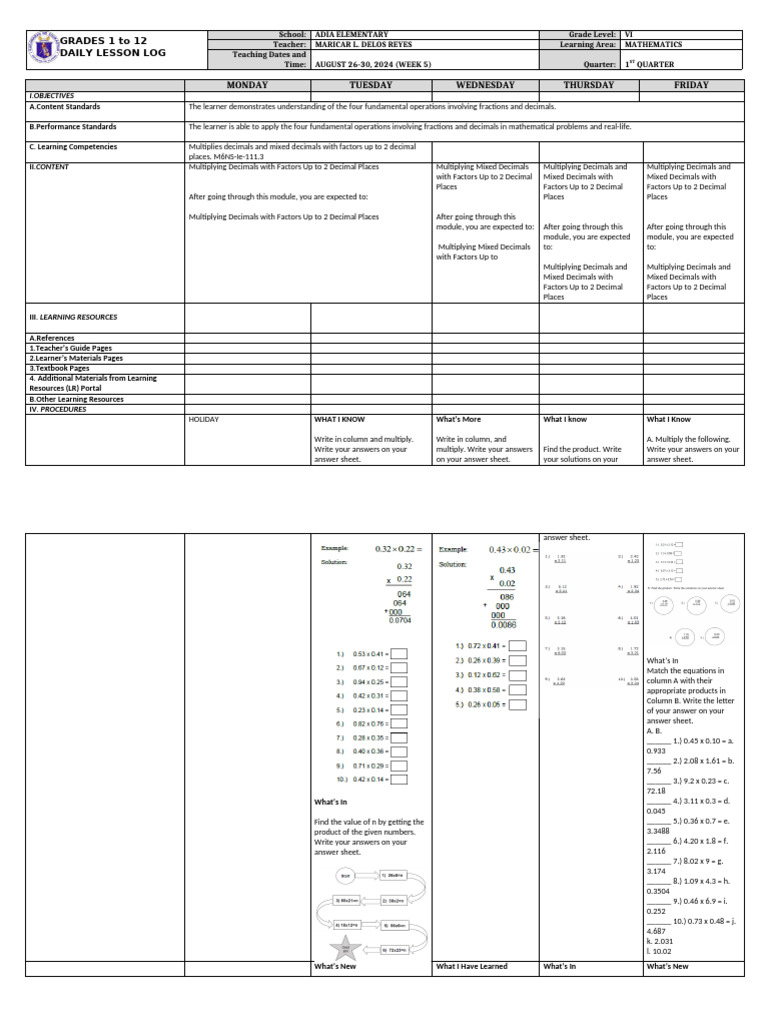 DLL - Mathematics 6 - Q1 - W5 | PDF