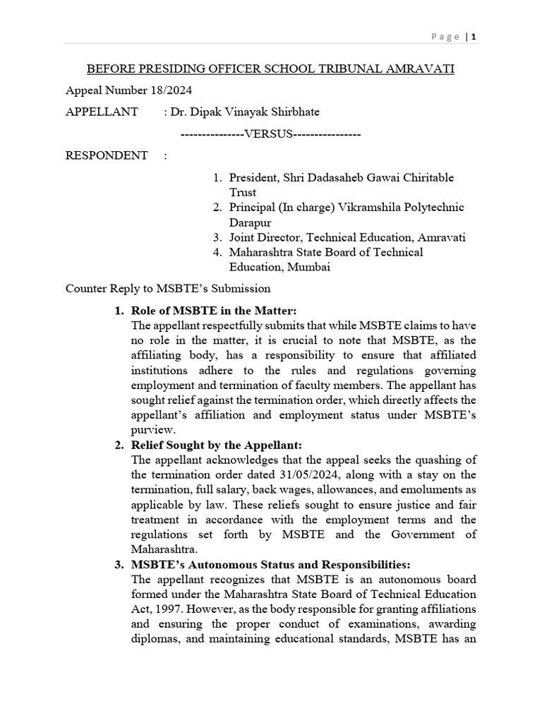 Dvs Counter Reply To Rbte Mesbte in School Tribunal Amravati | PDF ...