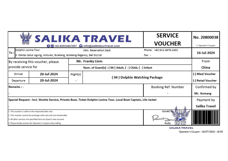 Service Voucher Dolphin Tour - Operator | PDF