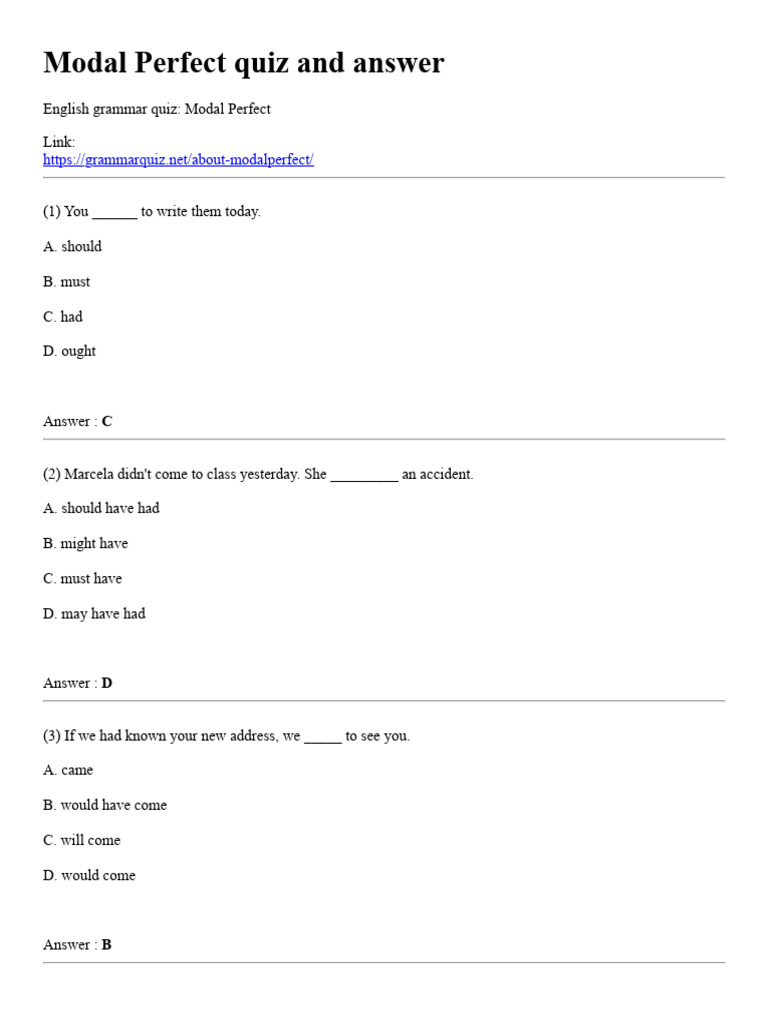 Modal Perfect Grammar Quiz | PDF
