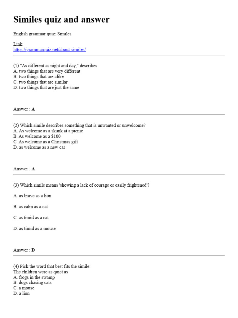 Similes Quiz and Answer | PDF | Language Arts & Discipline