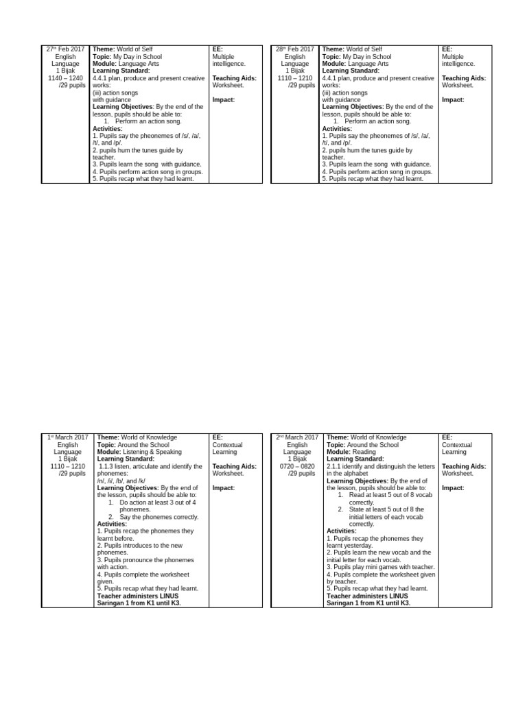 Lesson Plan English Year 1 Bijak | PDF