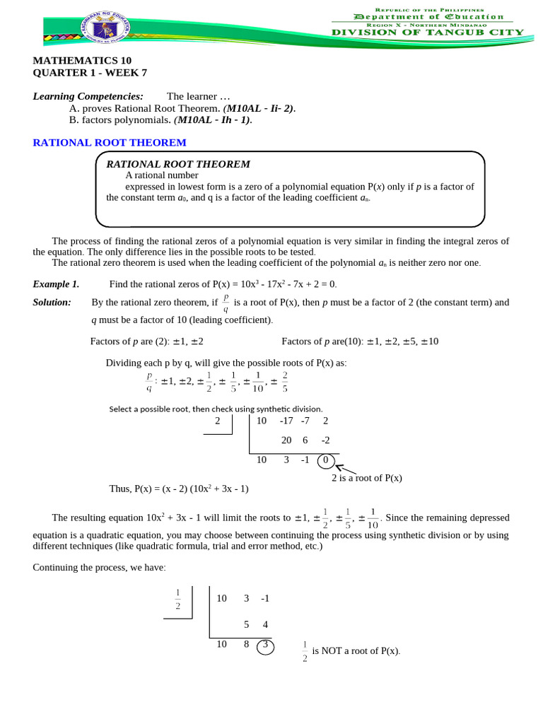 Math 10 - Q1 - WK7 | PDF | Factorization | Polynomial