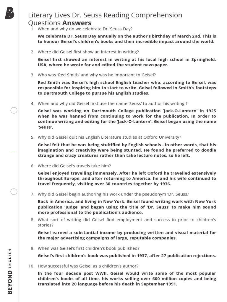 DR Seuss Reading Comprehension Questions - Middle Ability | PDF