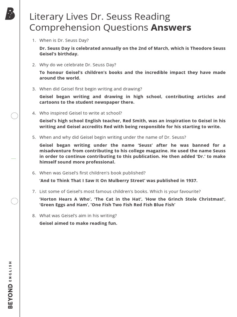 DR Seuss Reading Comprehension Questions - Lower Ability | PDF