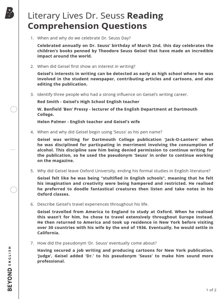 DR Seuss Reading Comprehension Questions - Higher Ability | PDF