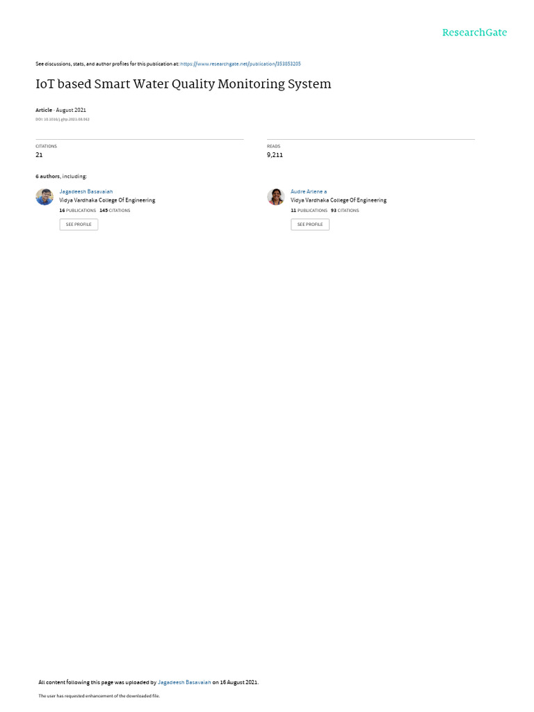 Iot Based Smart Water Quality Monitoring System: August 2021 | PDF