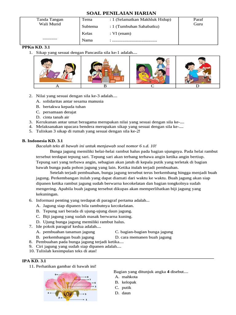 Soal Penilaian Harian Kelas 6 Tema 1 Subtema 1 | PDF