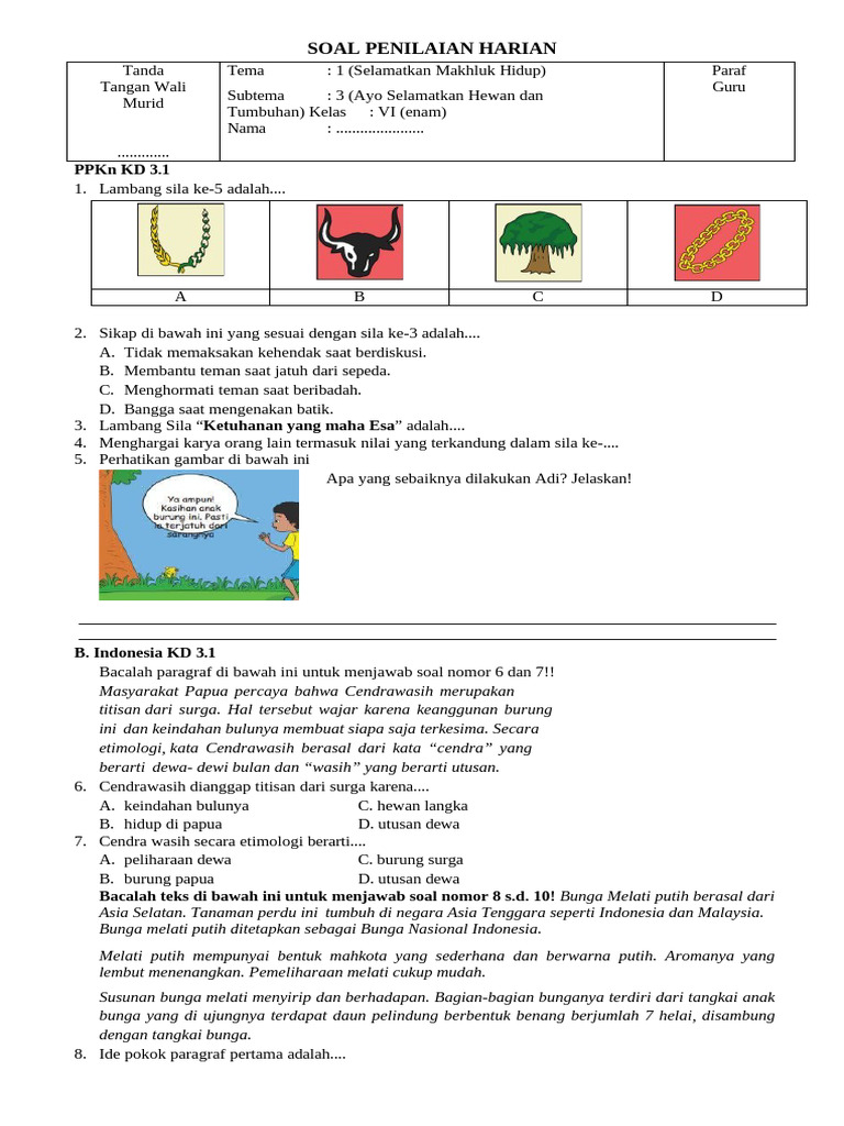 Soal Penilaian Harian Kelas 6 Tema 1 Subtema 3 | PDF